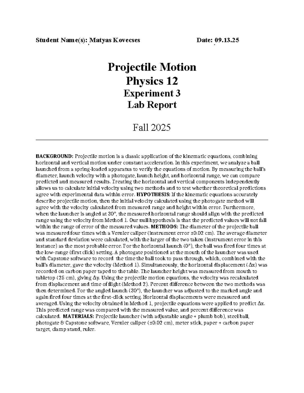 Lab 3: Projectile Motion Physics 12 Experiment Report Fall 2025 - Studocu