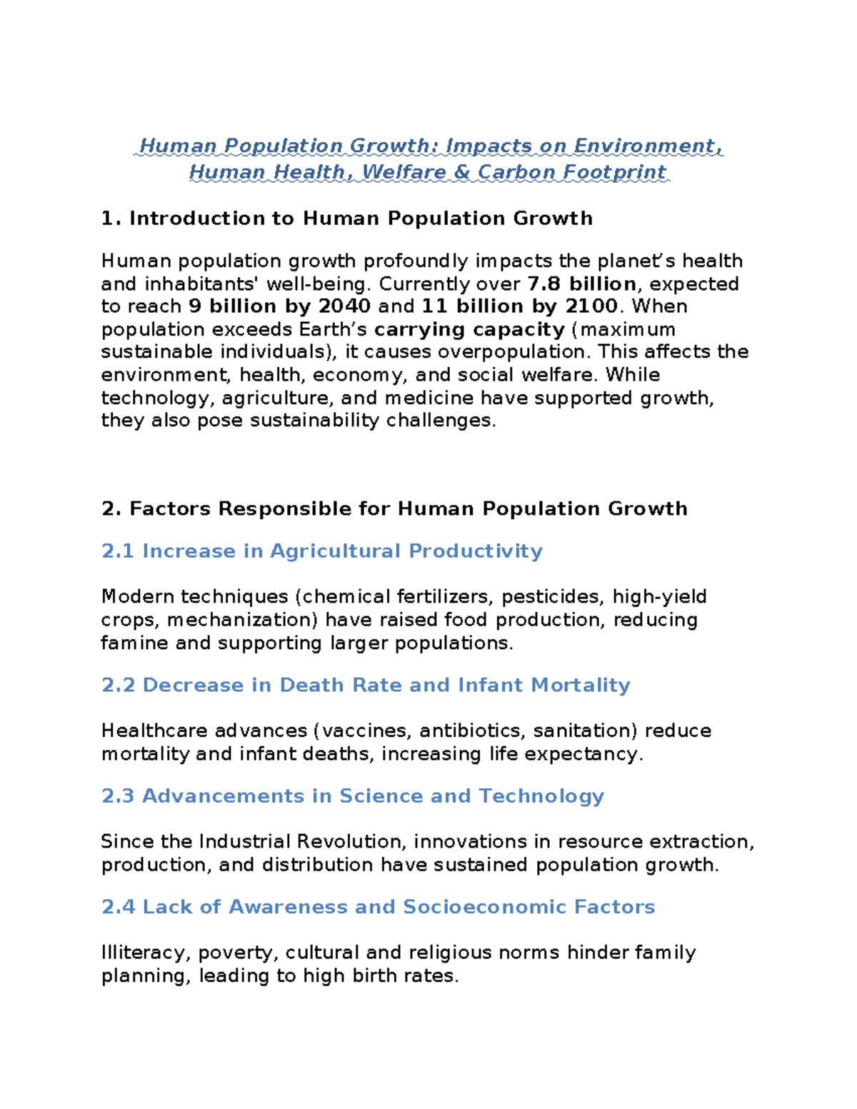 EVS 101: Human Population Growth & Its Environmental Impacts - Studocu