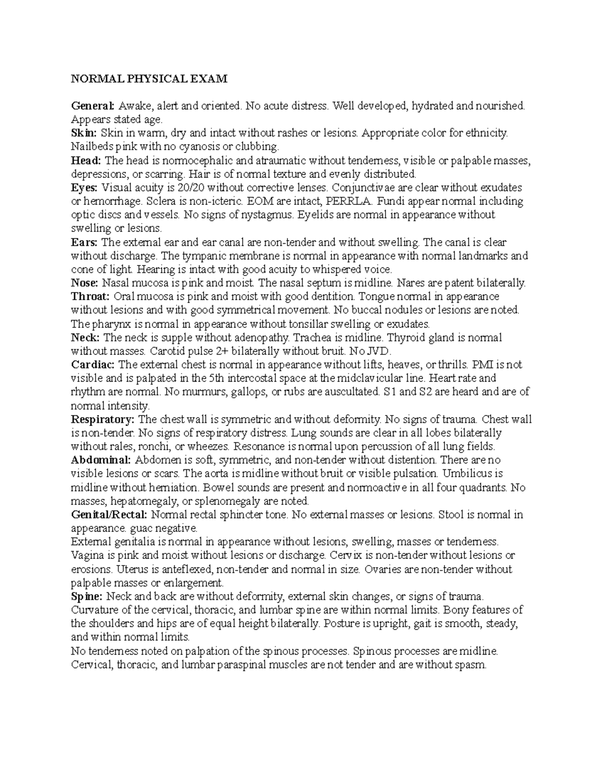 Normal Physical Exam: Comprehensive Health Assessment Report - Studocu