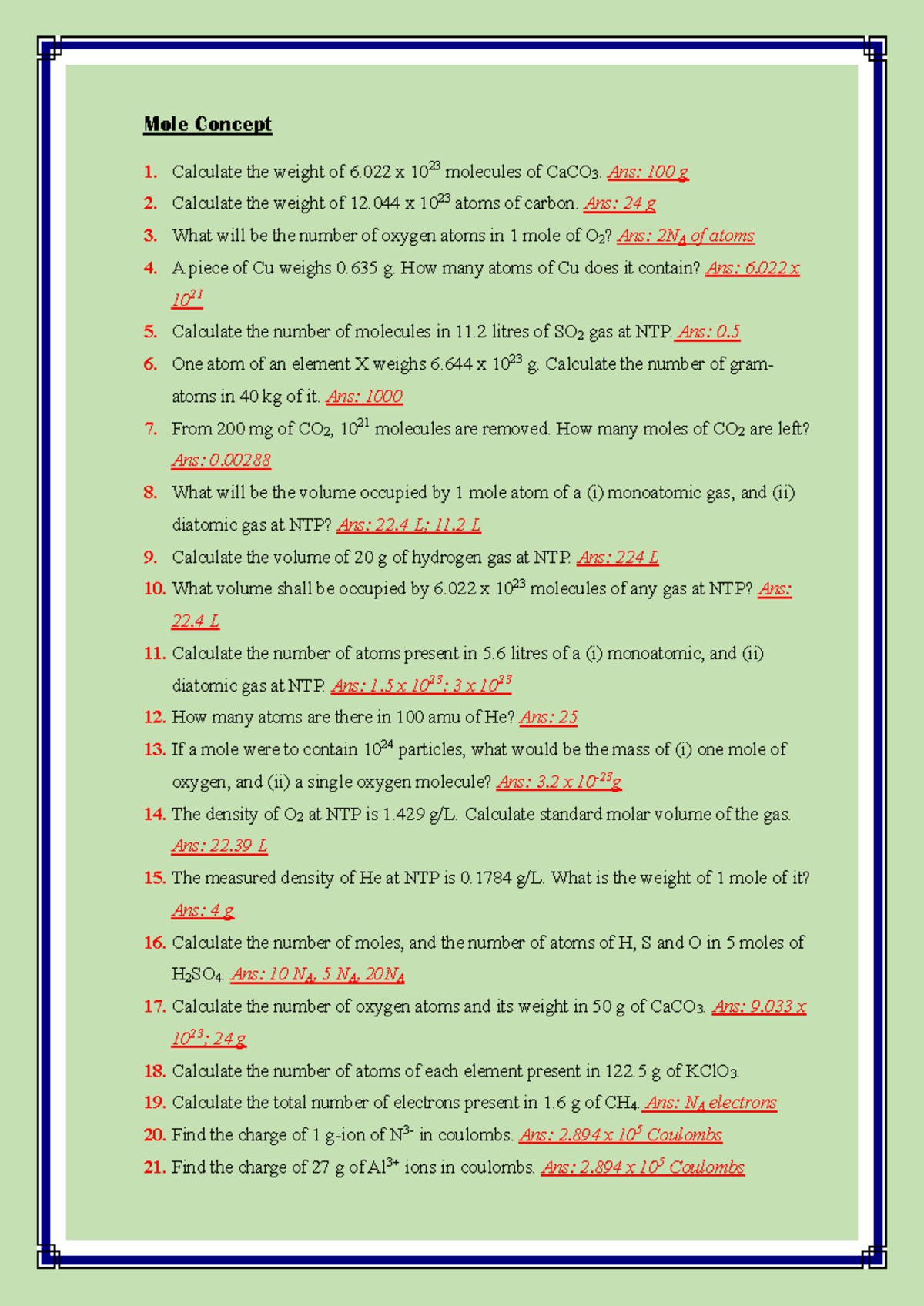 Mole Concept Problems: Calculations and Solutions for Chemistry - Studocu