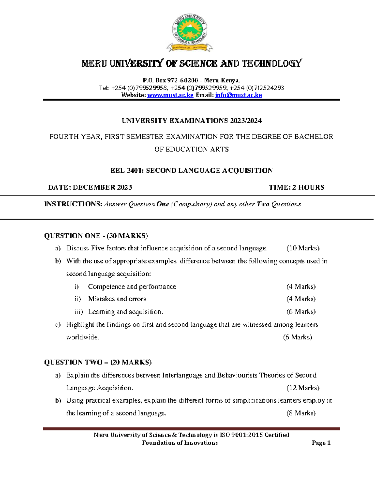 EEL 3401: Second language acquisition exam questions and guidelines ...