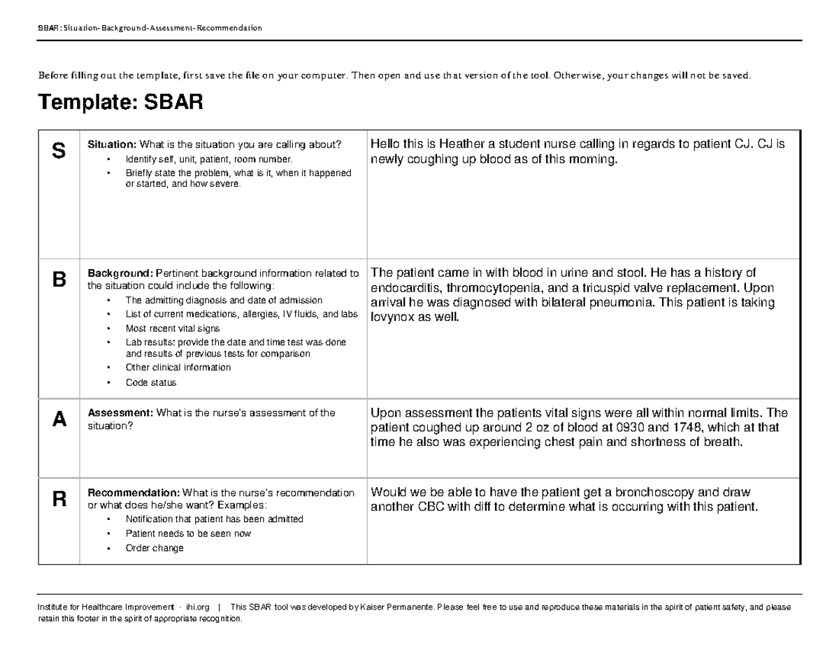 SBAR Med Surg Report: Situation, Background, Assessment ...