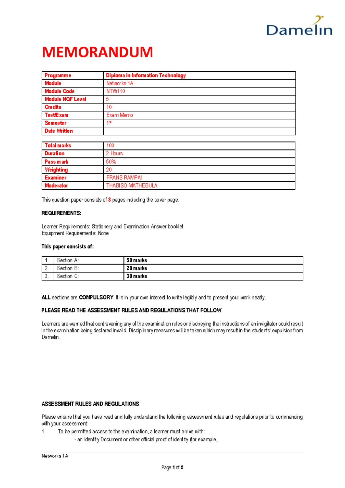 Networks 1A NTW Final Exam Memo and Guidelines for Assessment - Studocu