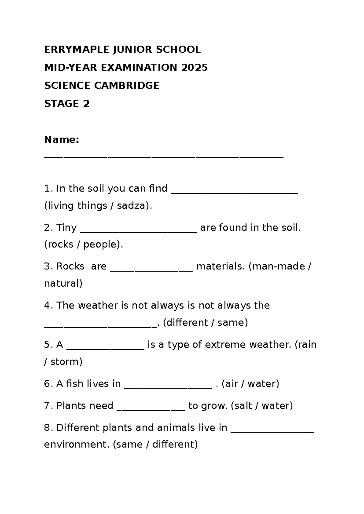 ERRYMAPLE JUNIOR SCHOOL GRADE 2 SCIENCE MIDTERM 2025 - Studocu
