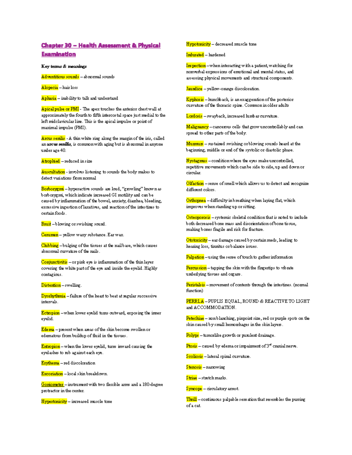 Chapter 30 - Health Assessment Study Sheet: Key Terms & Techniques ...