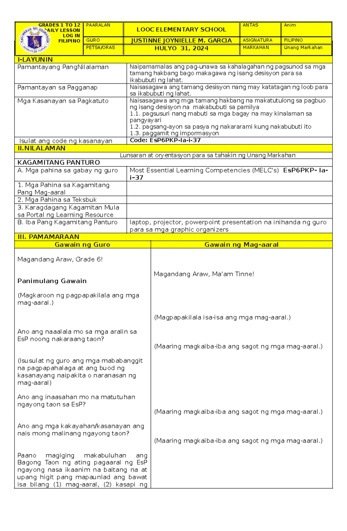 ESP-8 DLP Q1 WK1 - ESP 8 - DAILY LESSON PLAN GRADES 1 TO 12 DAILY LESSON LOG SCHOOL: LOOC ...