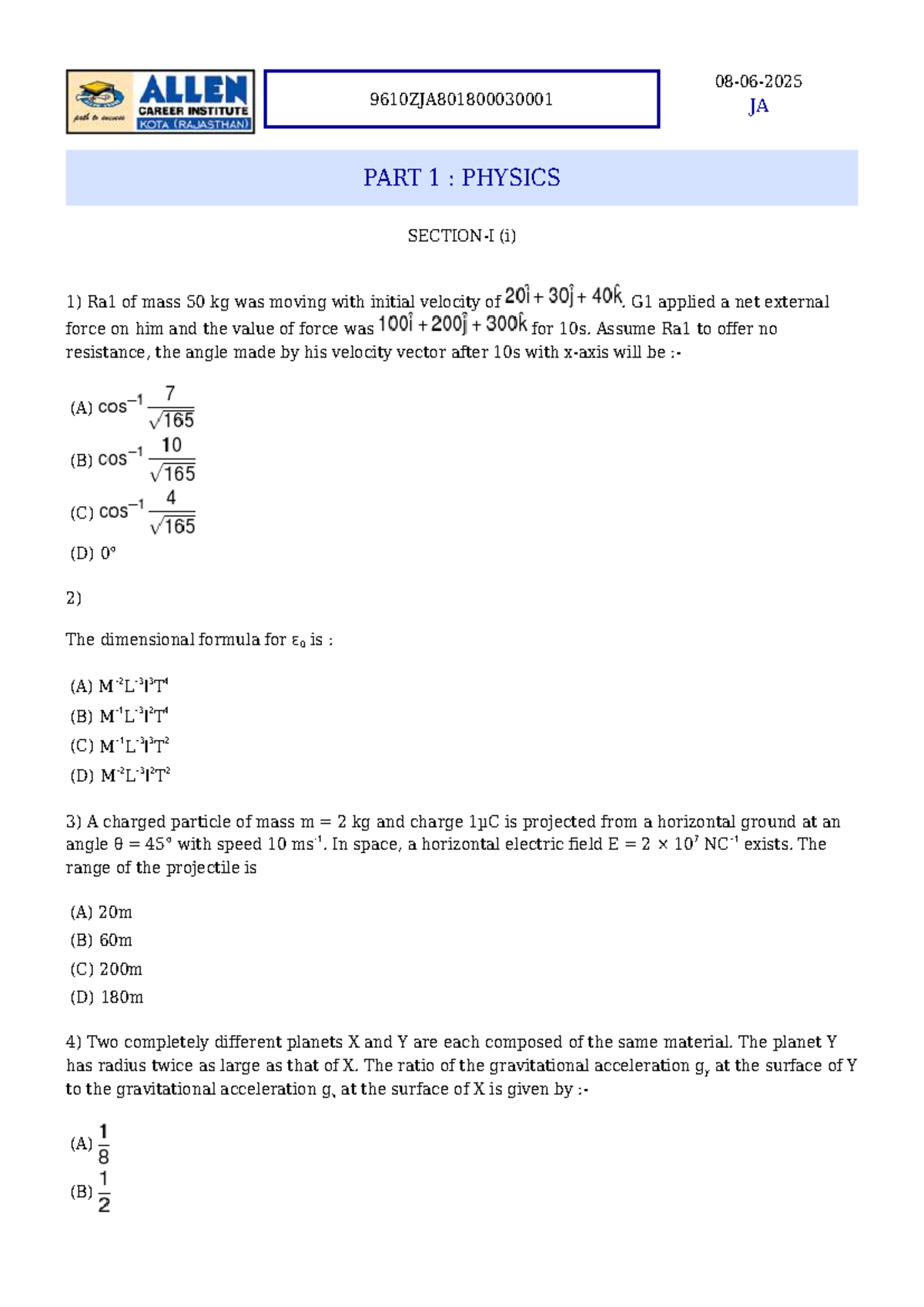 Minor Test 01: Physics, Chemistry, and Mathematics Review - Studocu
