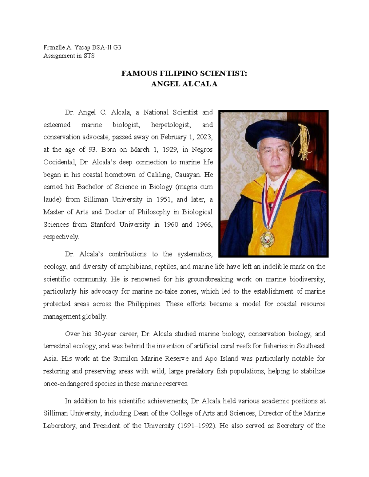STS - Filipino Scientist - Franzlle A. Yacap BSA-II G Assignment in STS ...