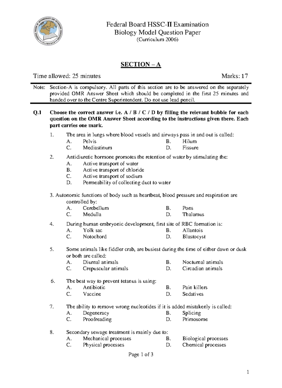 Biology HSSC II Solution - Federal Board HSSC-II Examination Biology ...