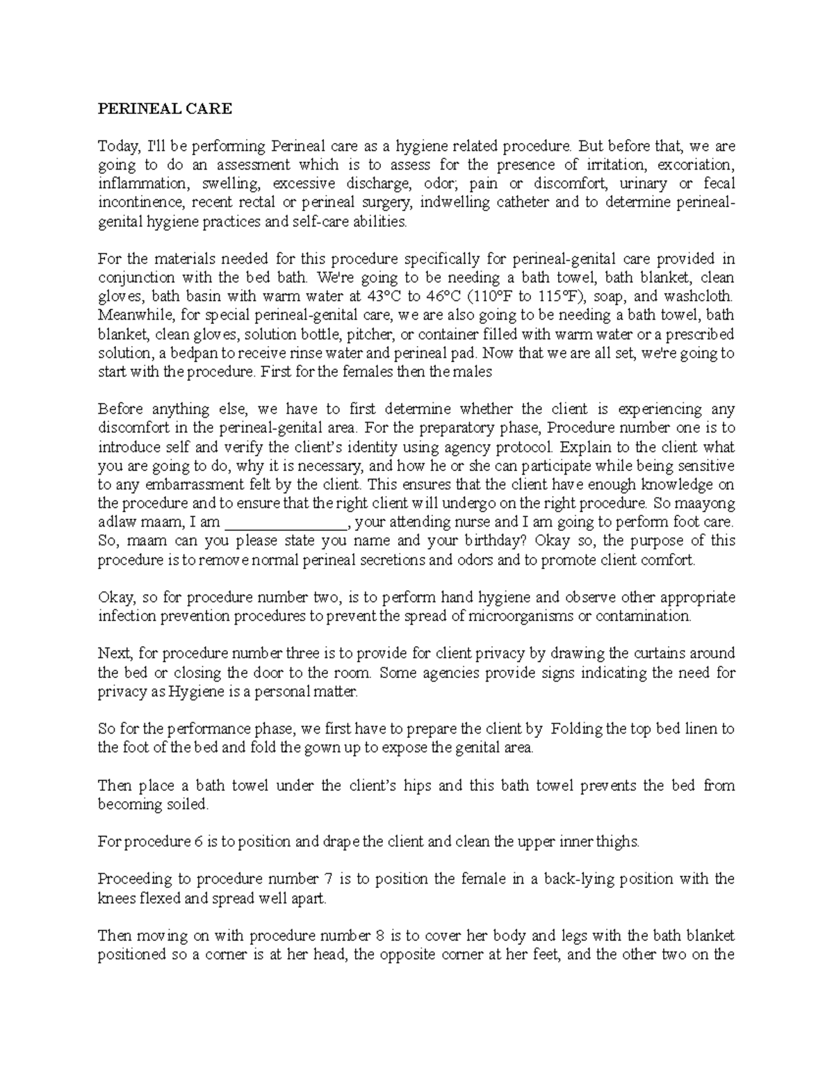 Perineal Care Procedure: Techniques for Male and Female Clients - Studocu