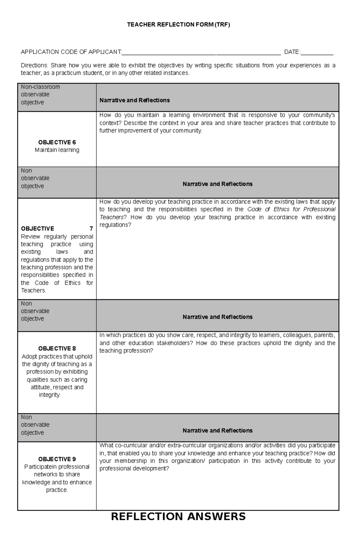 Teacher- Reflection-FORM - TEACHER REFLECTION FORM (TRF) APPLICATION CODE OF - Studocu