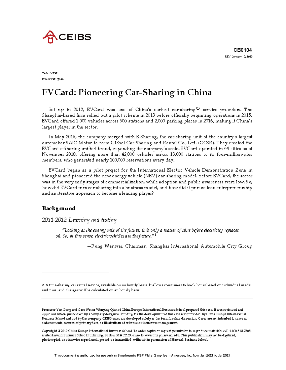 1625643823 Case Study: EVCard's Pioneering Car-Sharing in China - Studocu