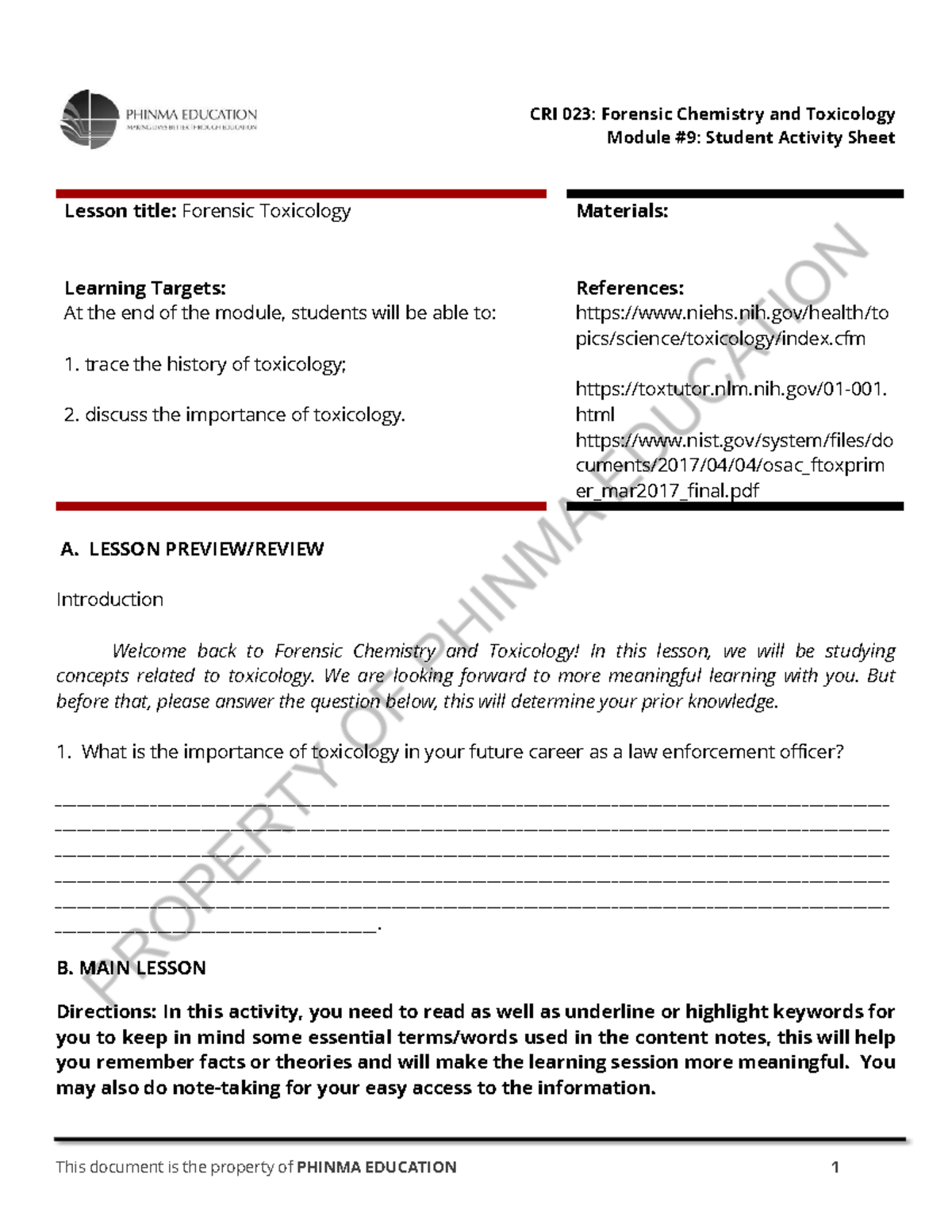 CRI 023 SAS 9 - FORENSIC CHEMISTRY AND TOXICOLOGY - Module #9: Student ...