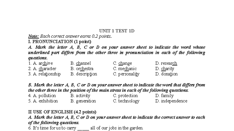 U1 TEST 1D - Pronunciation & Use of English Exam - Studocu