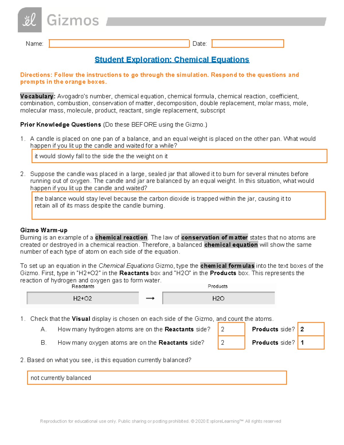 Balancing Chemical Equations Gizmo Exploration Activity - Studocu