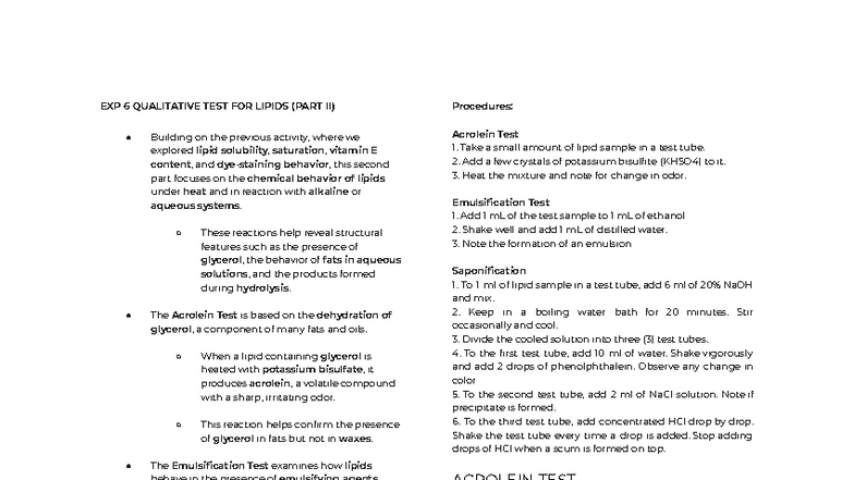EXP 6 & 7: Qualitative Tests for Lipids & Proteins in Biochem Lab - Studocu