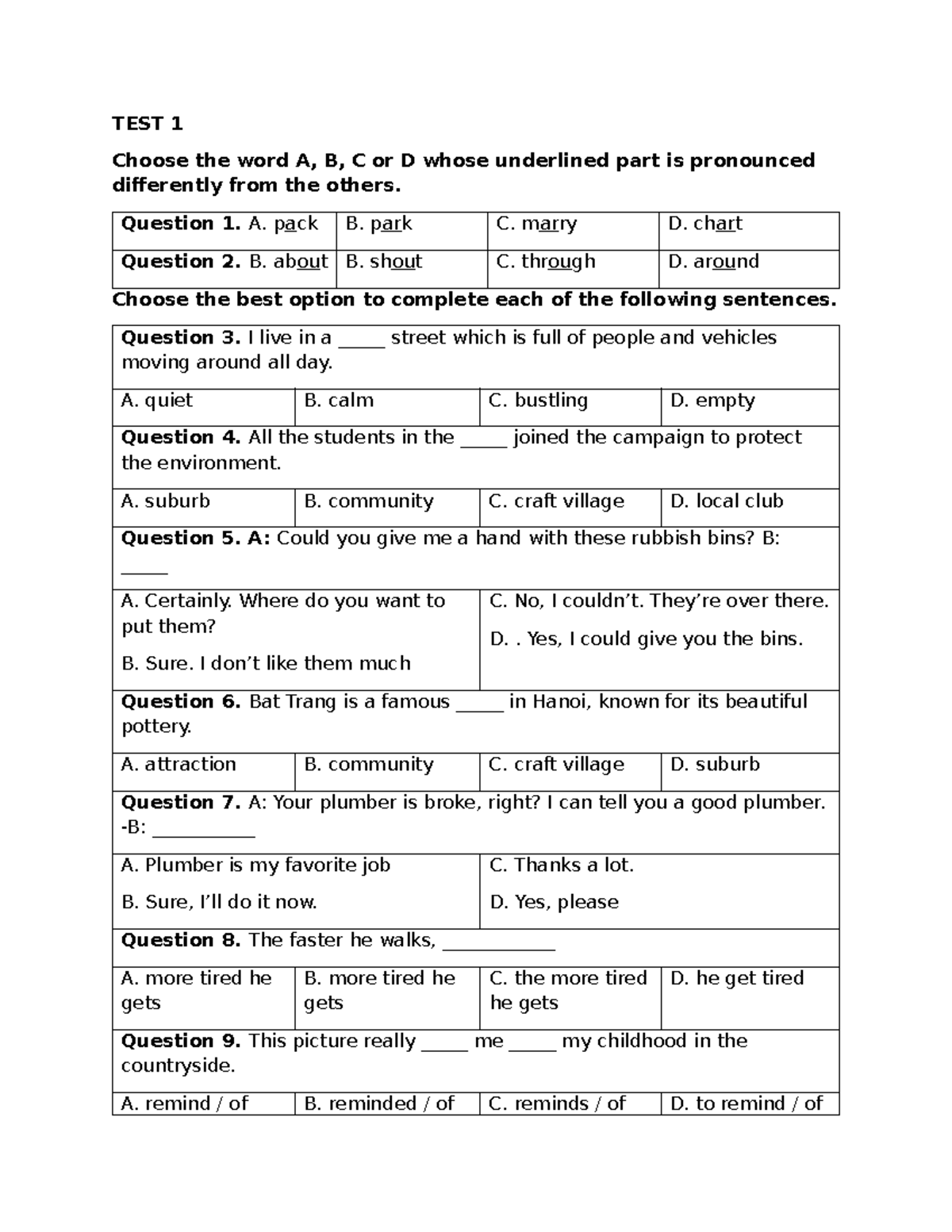 TEST 1 - English Pronunciation and Grammar Assessment - Studocu