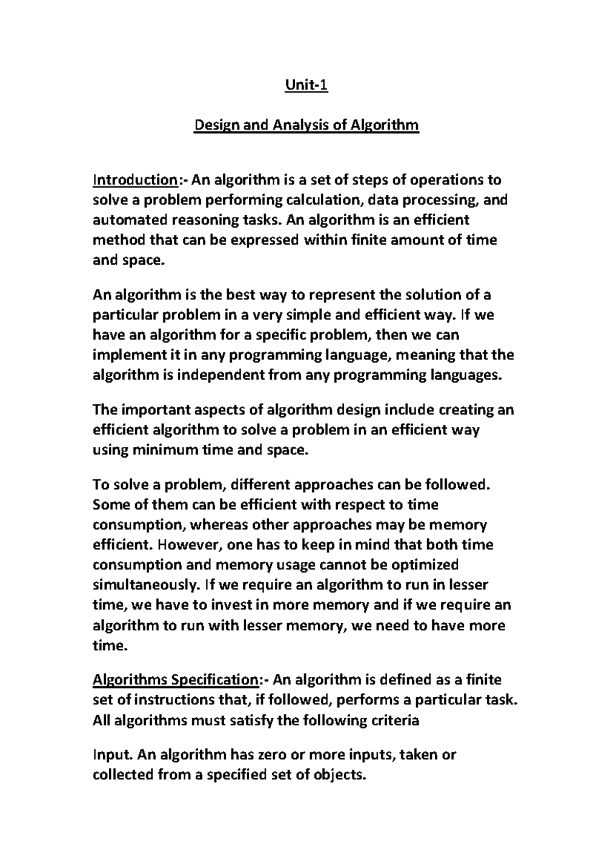 DAA Unit-1 - Complete notes. - Unit- 1 Design and Analysis of Algorithm ...