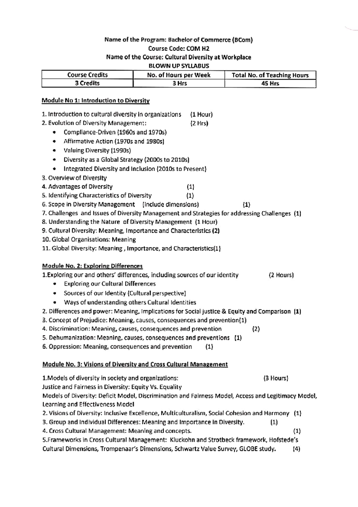 Cultural Diversity at Workplace Syllabus - COM H2 - Studocu