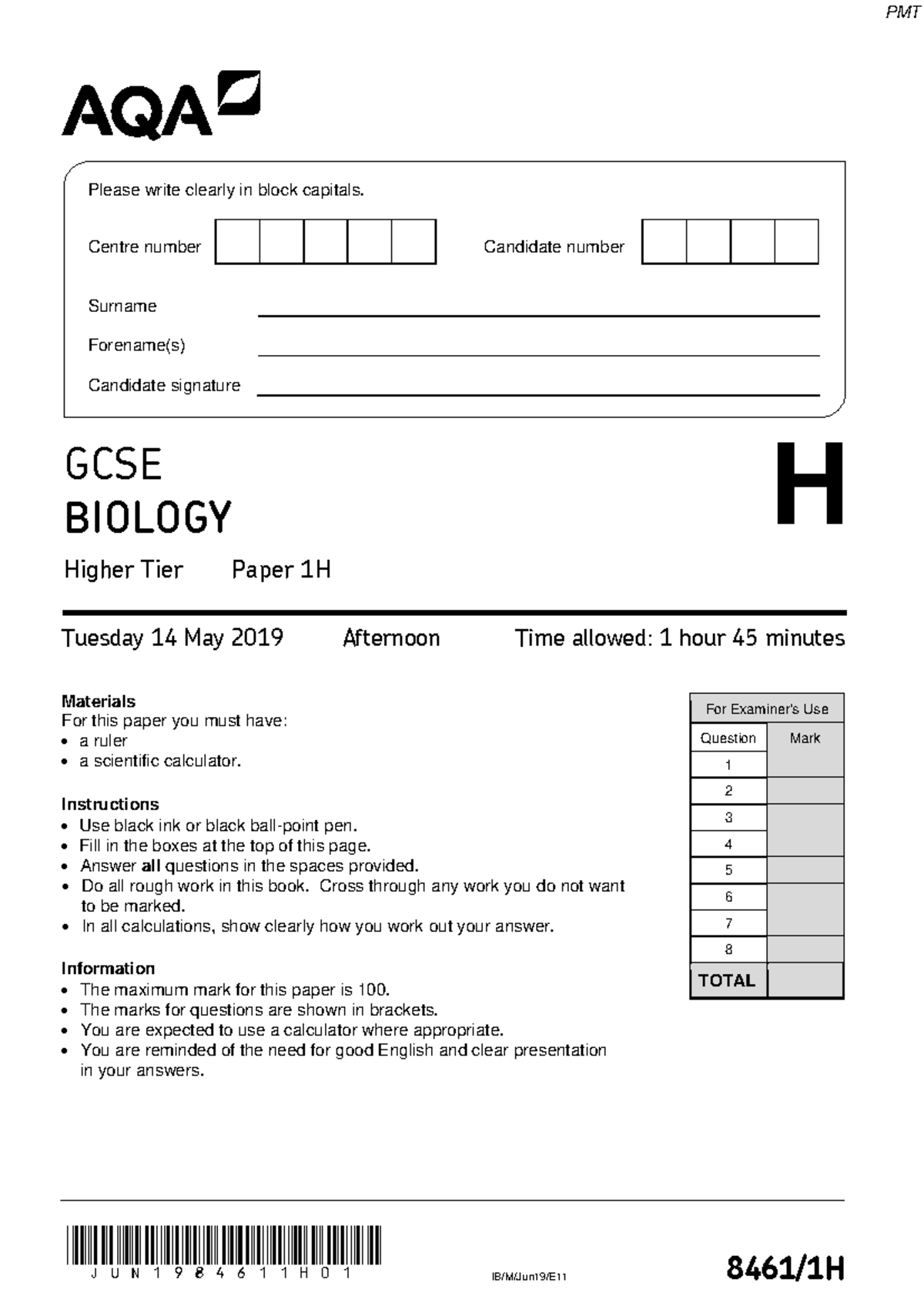 GCSE BIOLOGY Higher Tier Paper 1H - June 2019 Exam Questions - Studocu