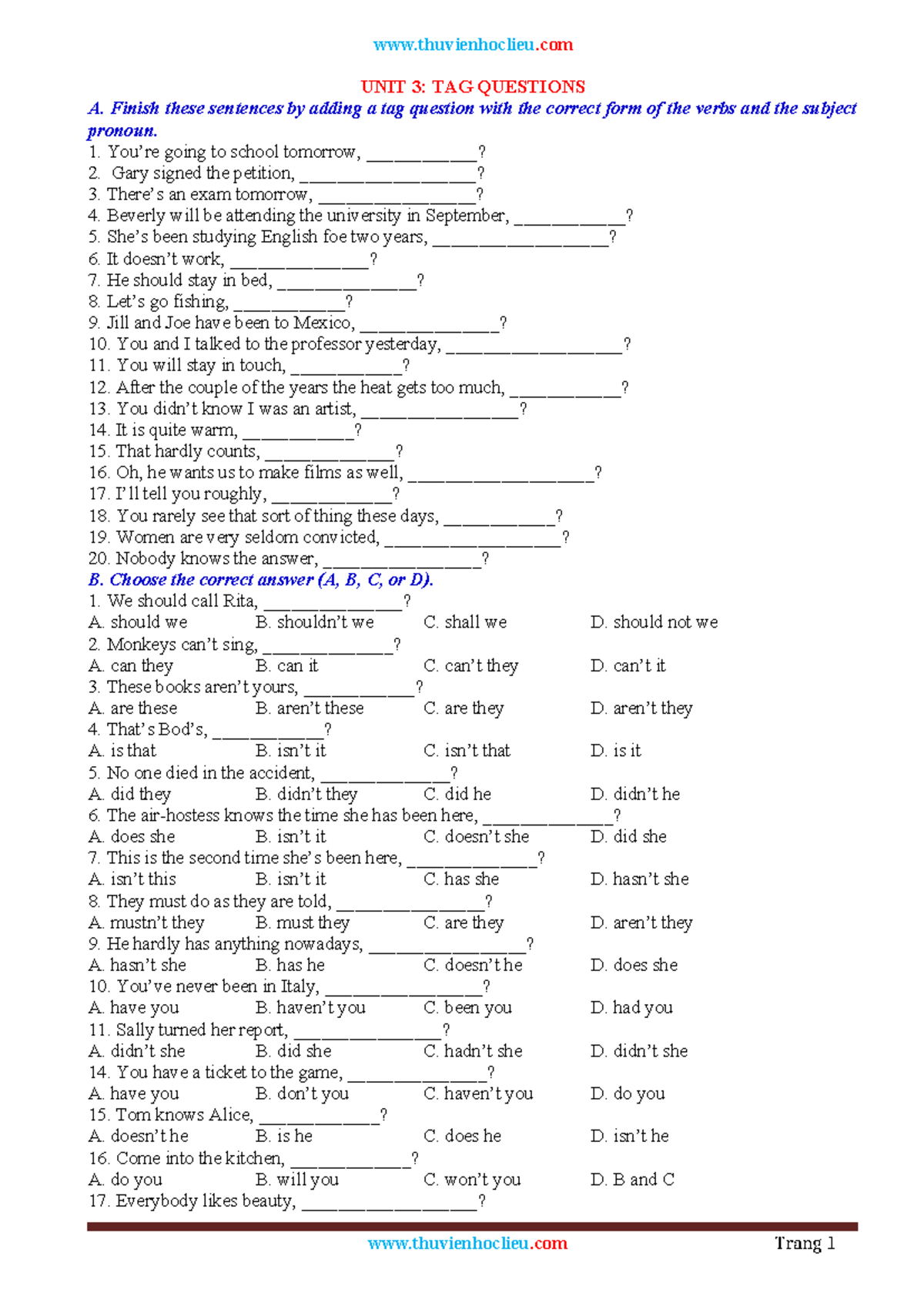 UNIT 3: TAG QUESTIONS & ANSWERS EXERCISES - Studocu