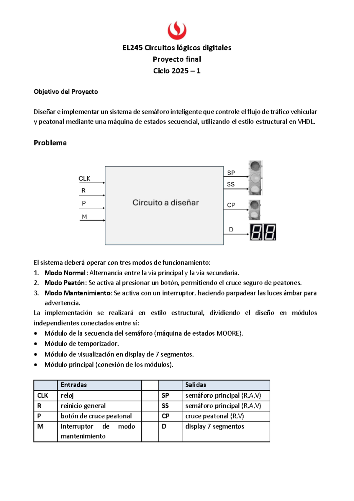 Proyecto Final EL245: Semáforo Inteligente en VHDL 2025-1 - Studocu