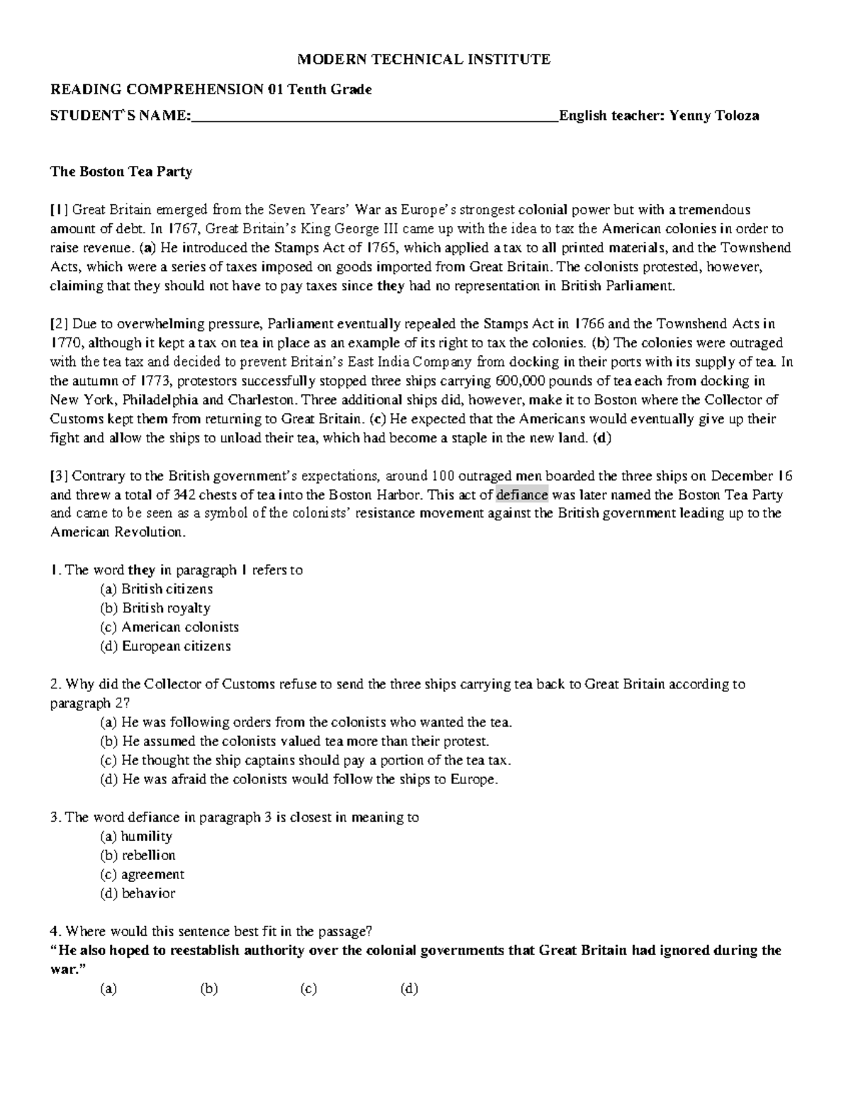 Boston Tea Party - Reading Comprehension 01 (Tenth Grade) - Studocu
