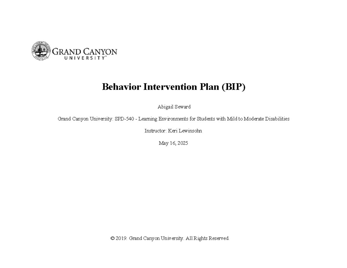 W5 BIP: Behavior Intervention Plan for Kent - GCU Learning Environments ...
