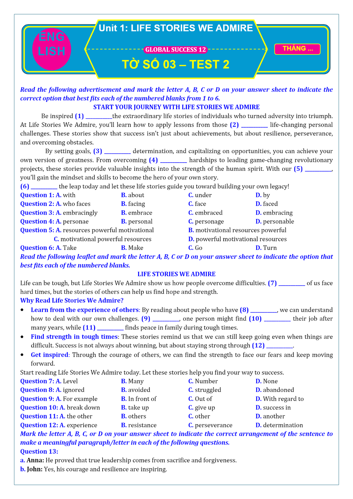 Unit 1: Life Stories We Admire - Global Success Test 2 - Studocu