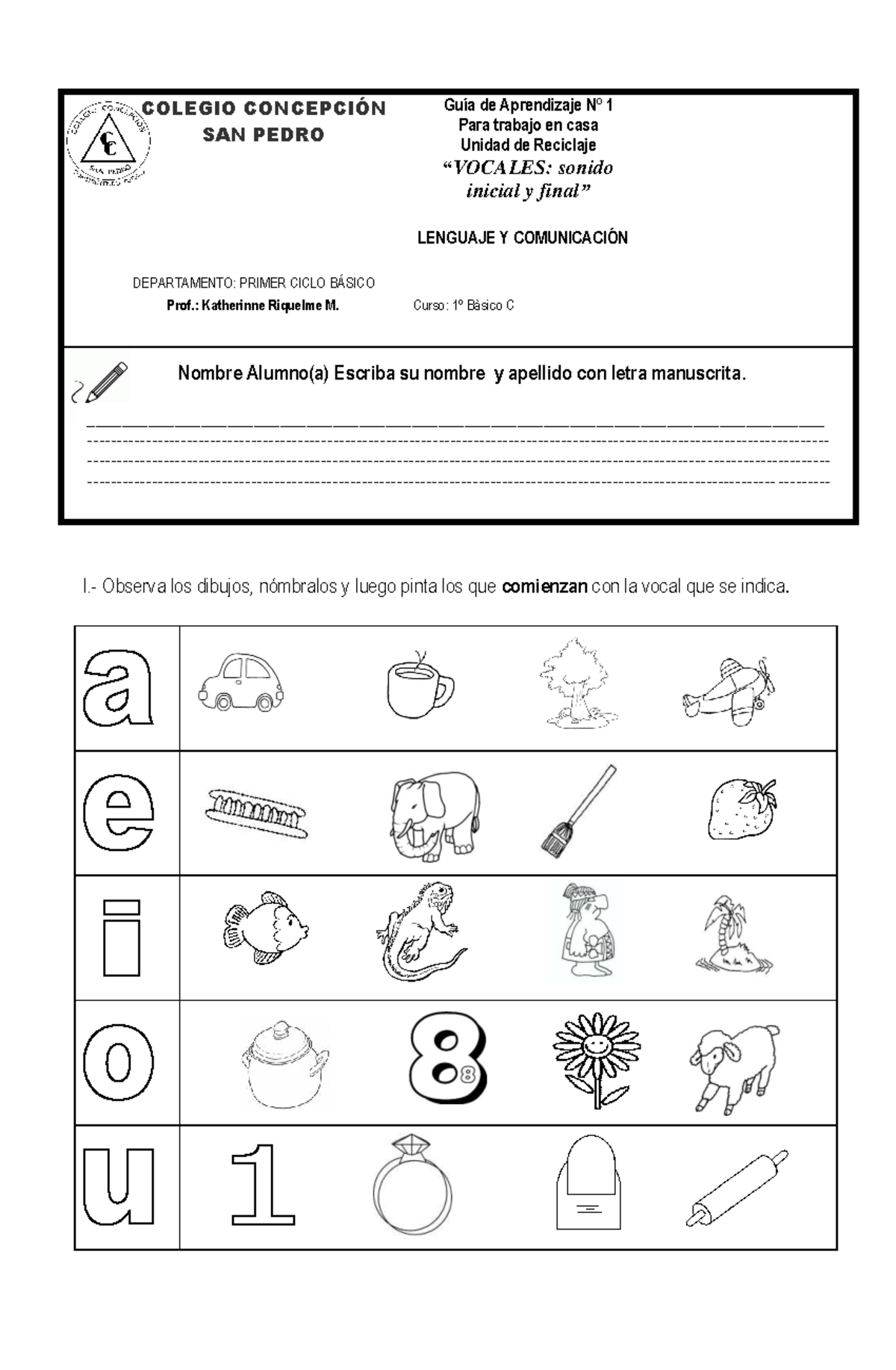 Guía Nº1: Actividades de Vocales Inicial y Final para 1° Básico - Studocu