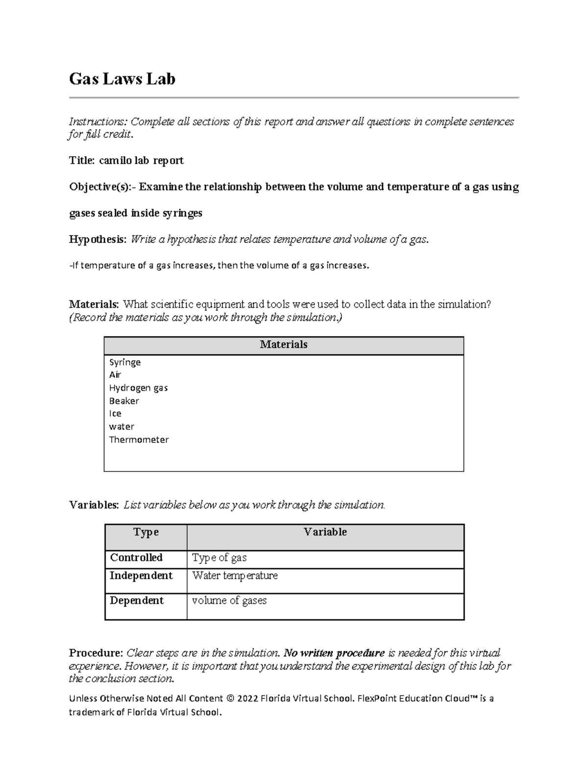 Gas Laws Lab Report: Volume and Temperature Relationship Analysis - Studocu