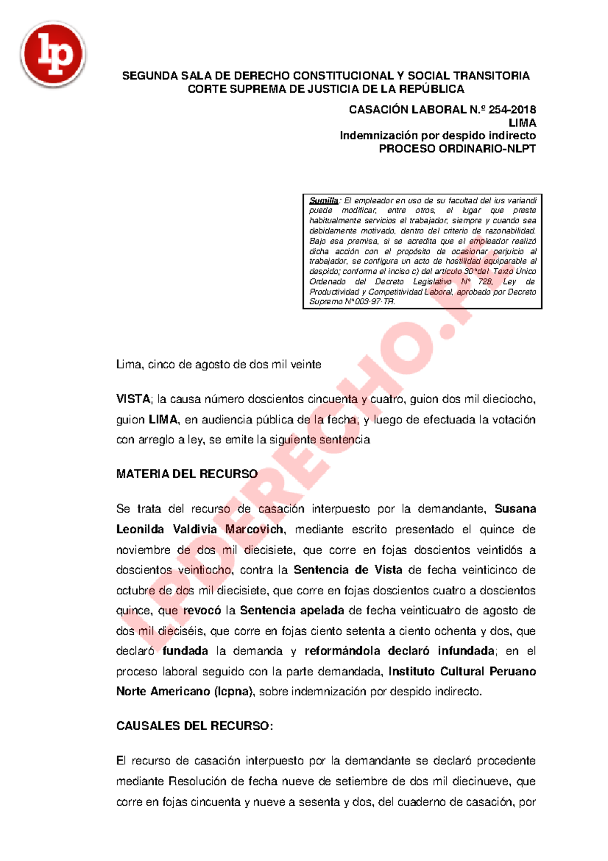 Casación Laboral N.º LIMA: Indemnización por Despido Indirecto y Ius ...