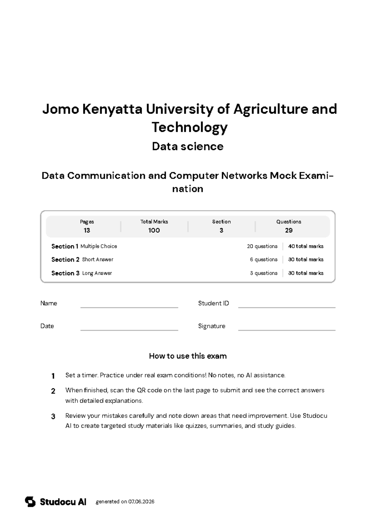 SDS 2206 Mock Exam: Data Communication & Networks - Studocu