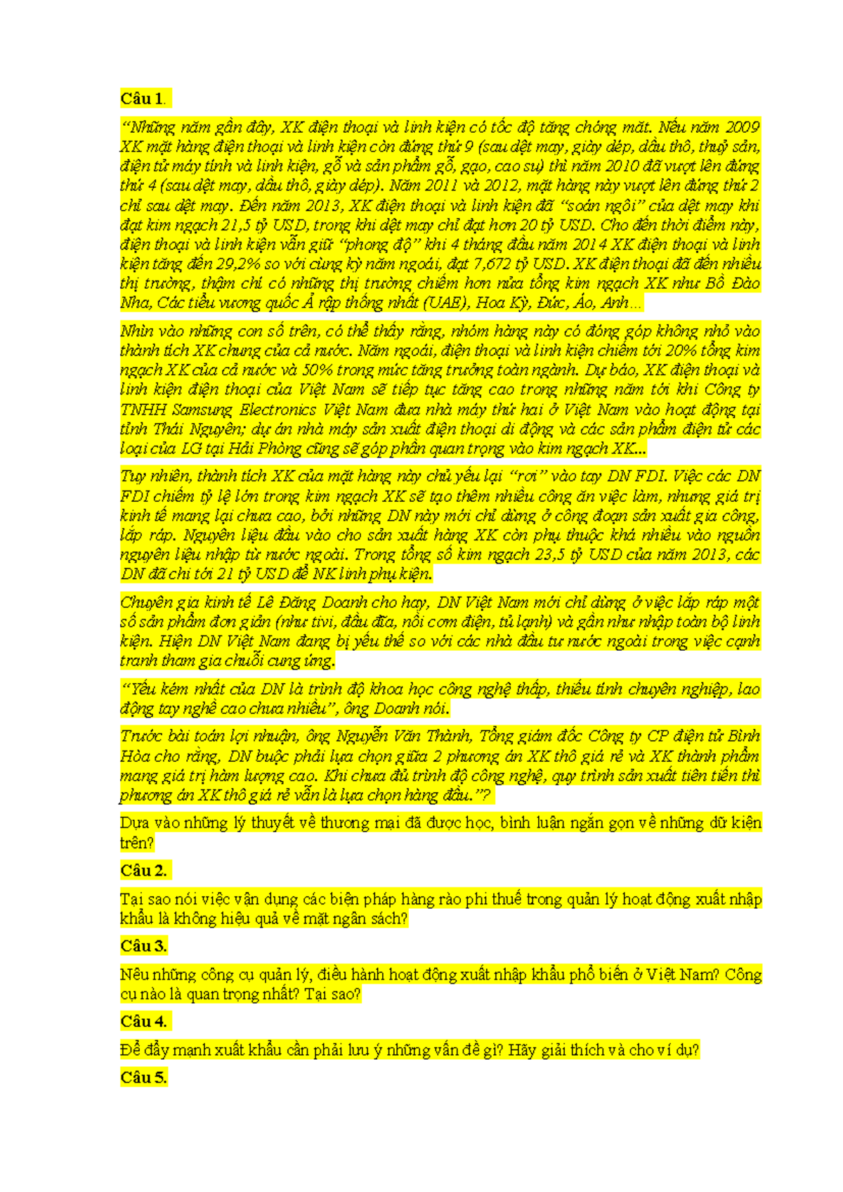 Trả lời câu hỏi ôn tập CSTM - Câu 1. “Những năm gần đây, XK điện thoại ...