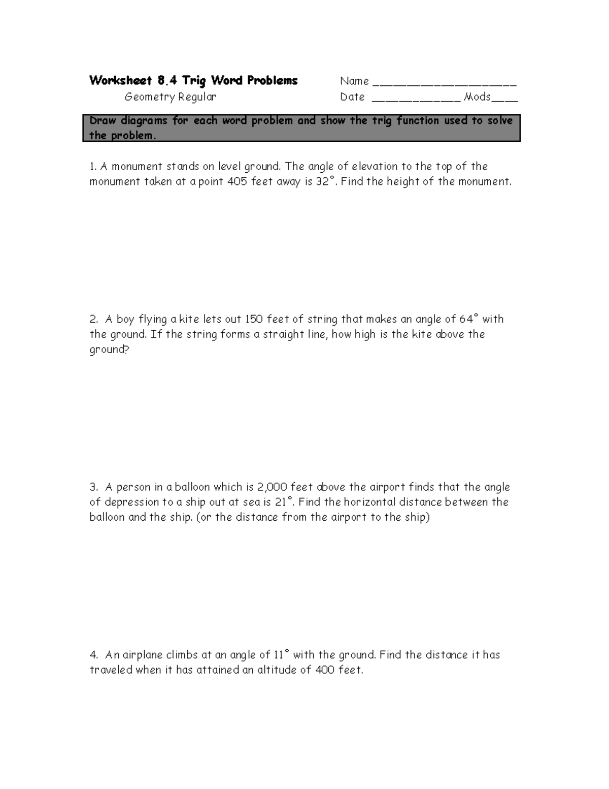 Worksheet 8.4: Trig Word Problems in Geometry - Studocu