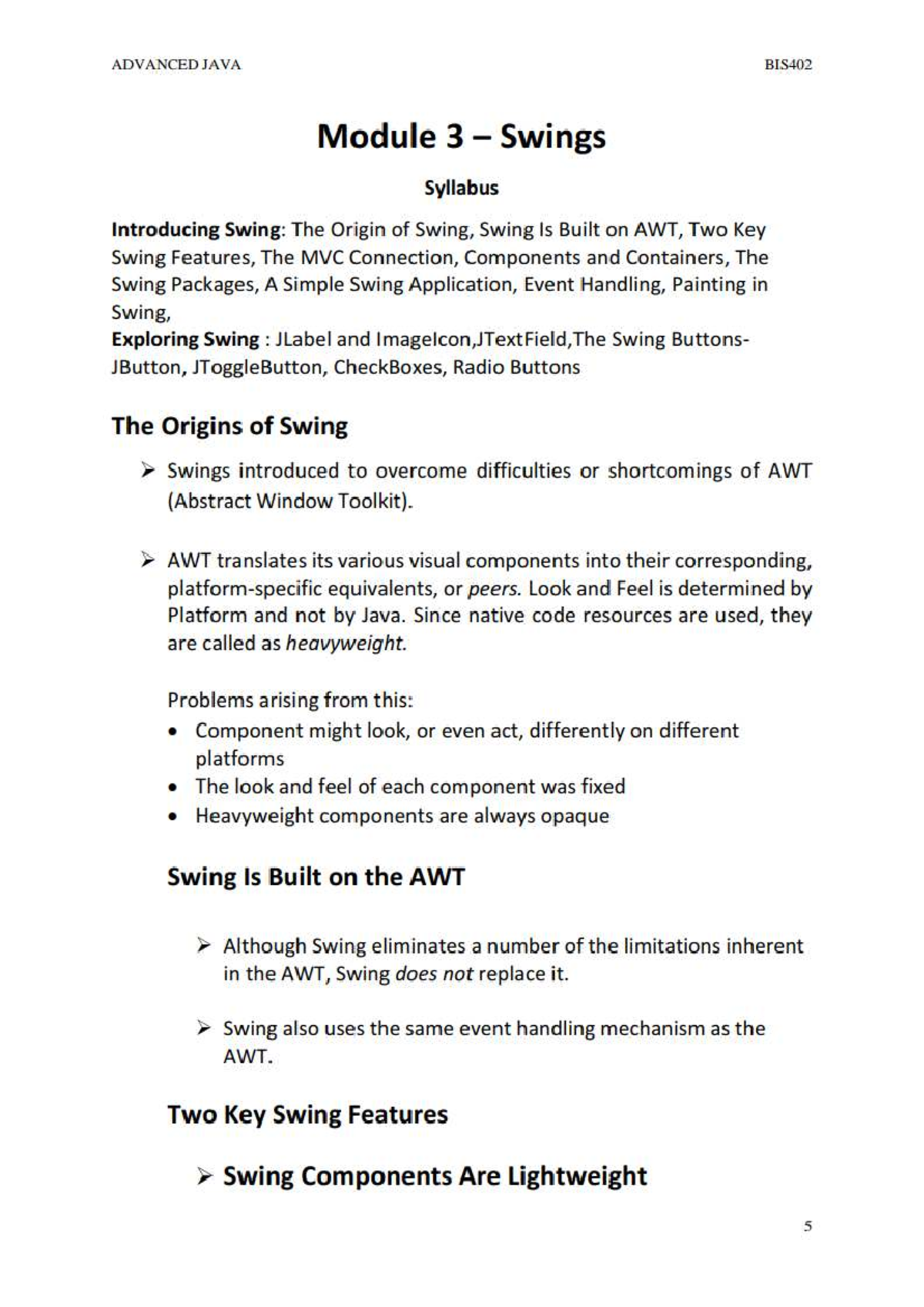 ADVANCED JAVA BIS402 Module 3: Exploring Swing Components and Features - Studocu