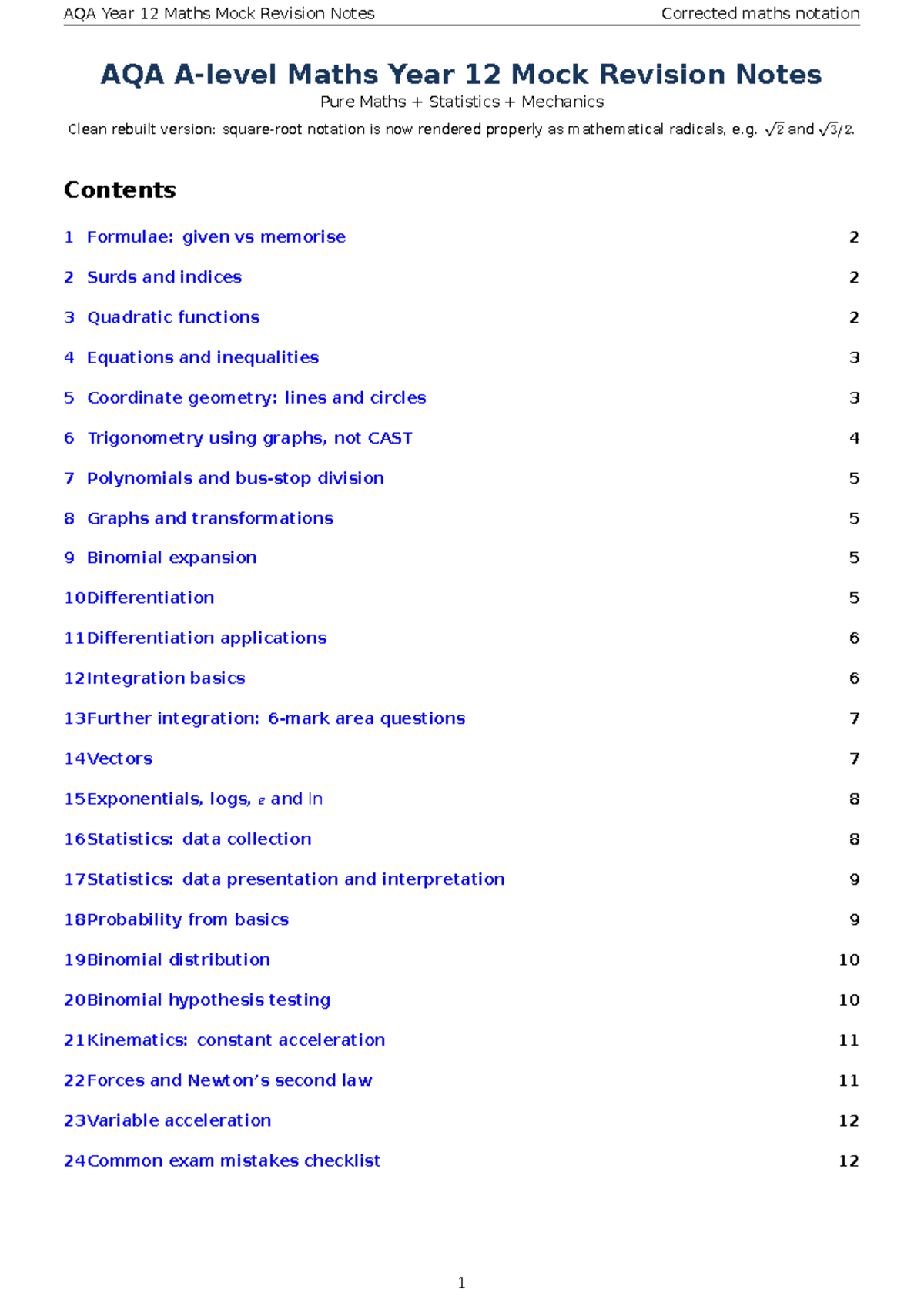 AQA Year 12 Maths Mock Revision Notes - Final Clean Version - Studocu