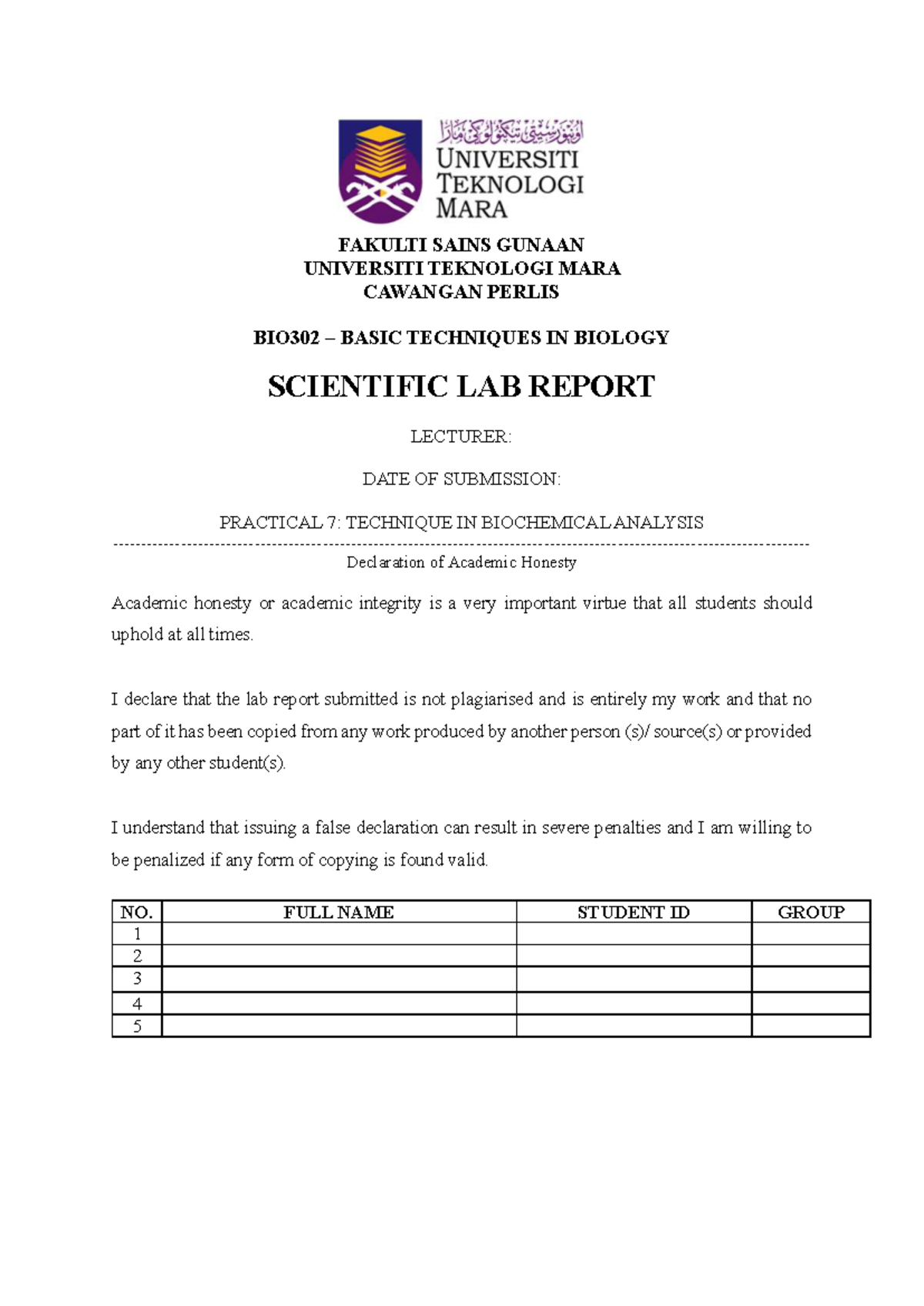 LAB Report BIO302: Practical 7 - Biochemical Analysis Techniques - Studocu