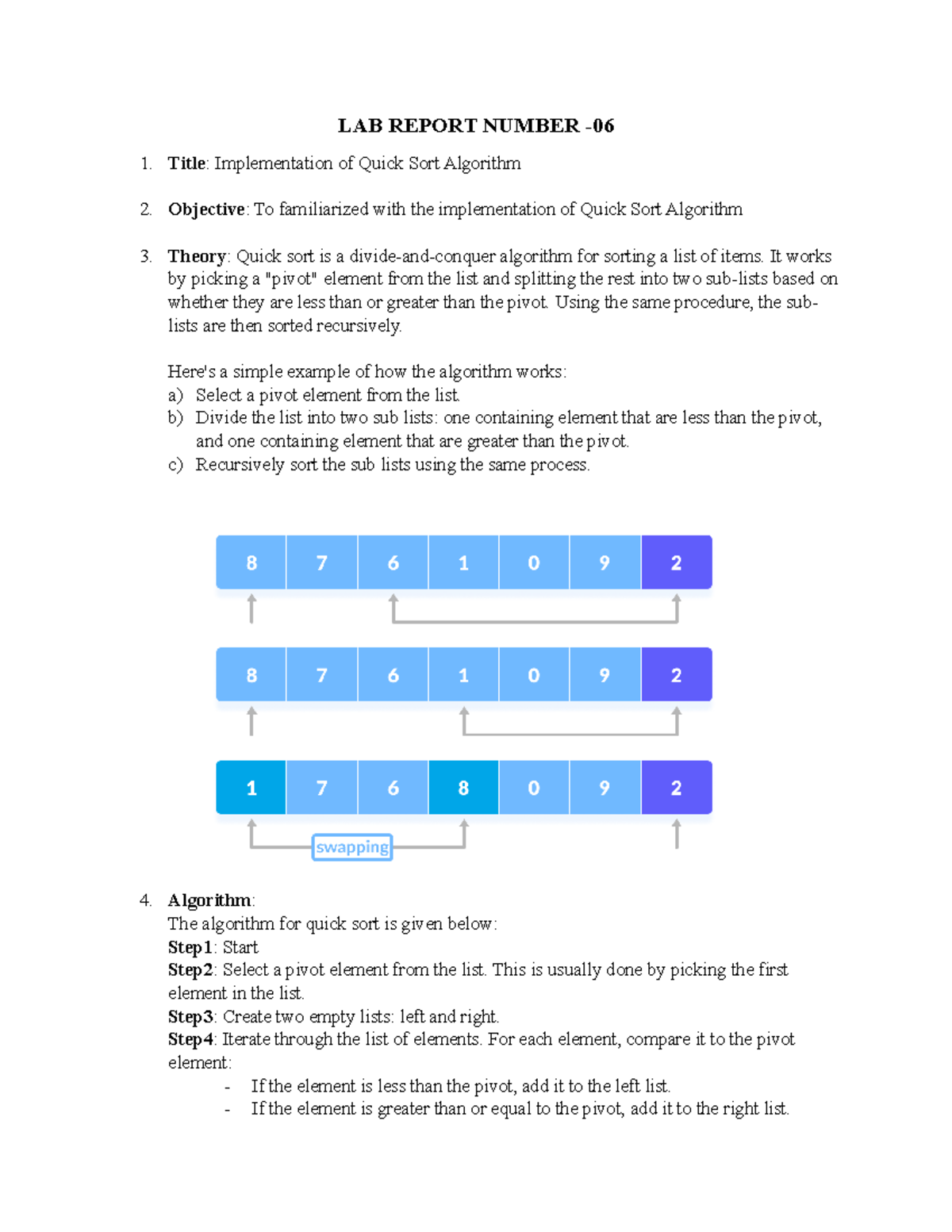 CS101 Quick Sort Algorithm - Lab Report Notes - Studocu