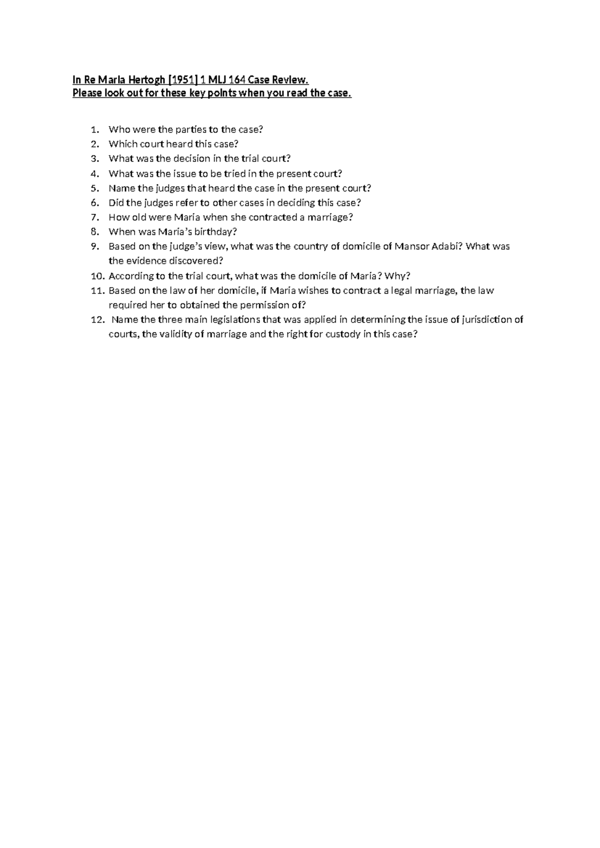 In Re Maria Hertogh Case Review Guide - Key Points Discussed - Studocu