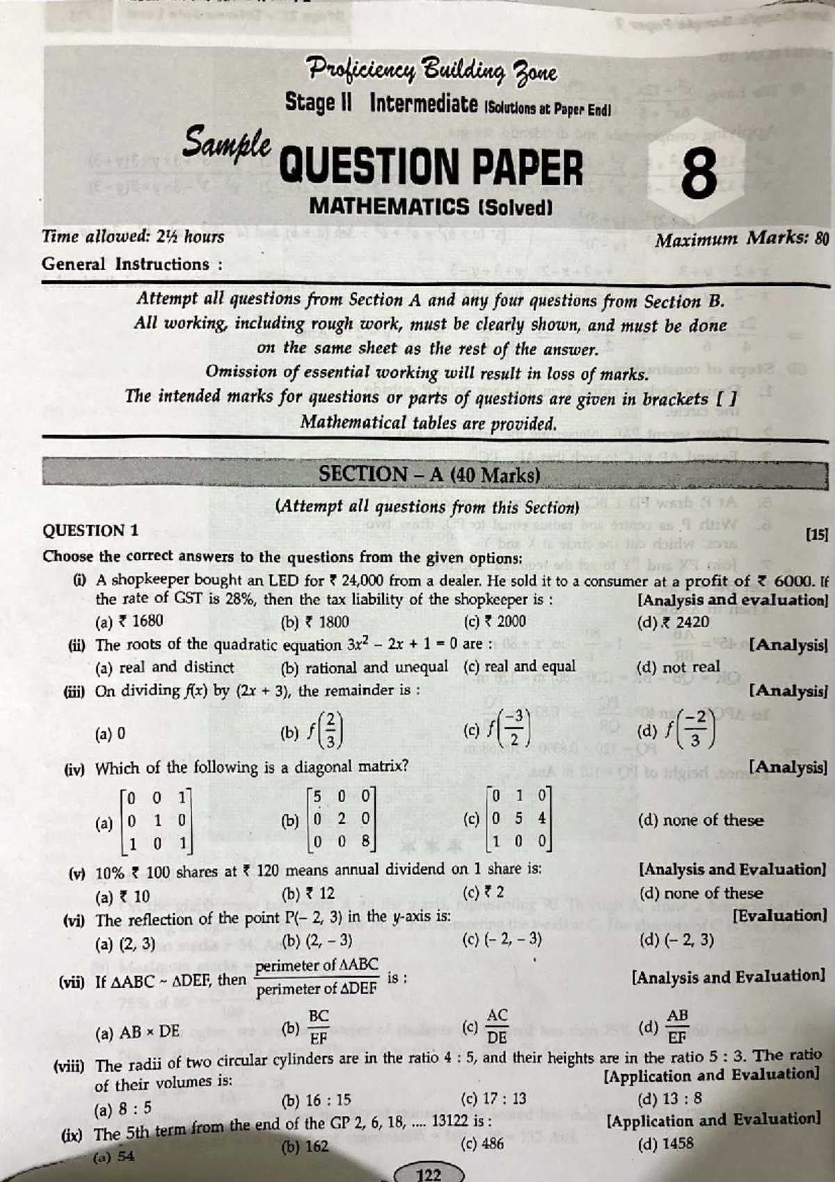 Mathematics Class X Sample Paper 8 - Stage II Intermediate (Solved ...