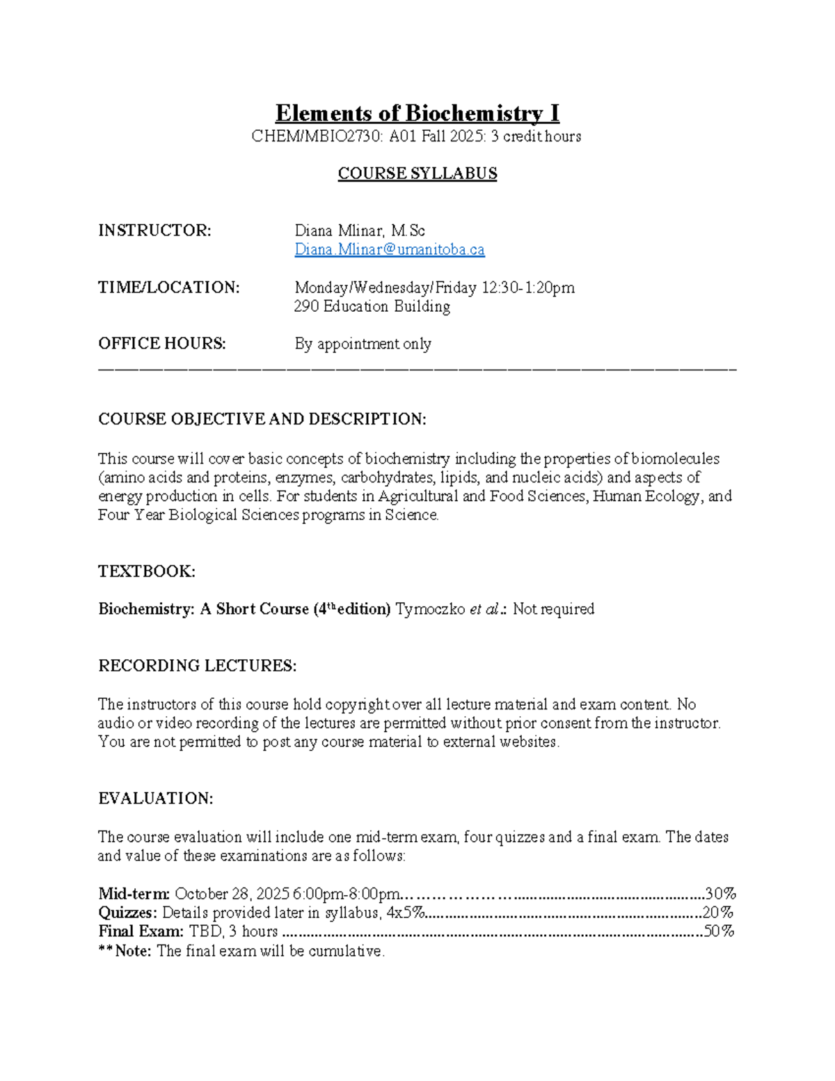 CHEM2730 Elements of Biochemistry I Syllabus Fall 2025 - Studocu