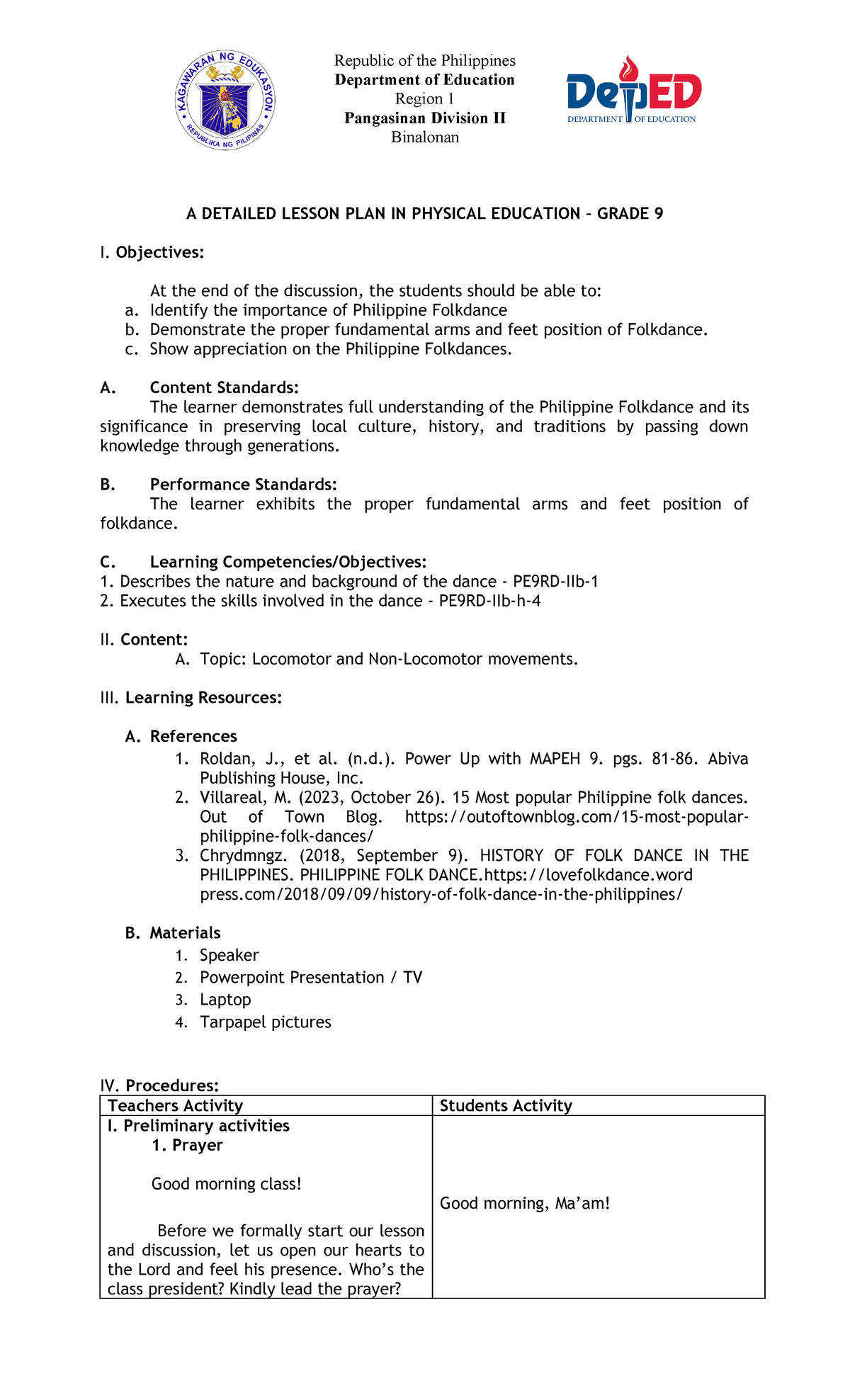 Detailed lesson Plan - Department of Education Region 1 Pangasinan Division II Binalonan A ...