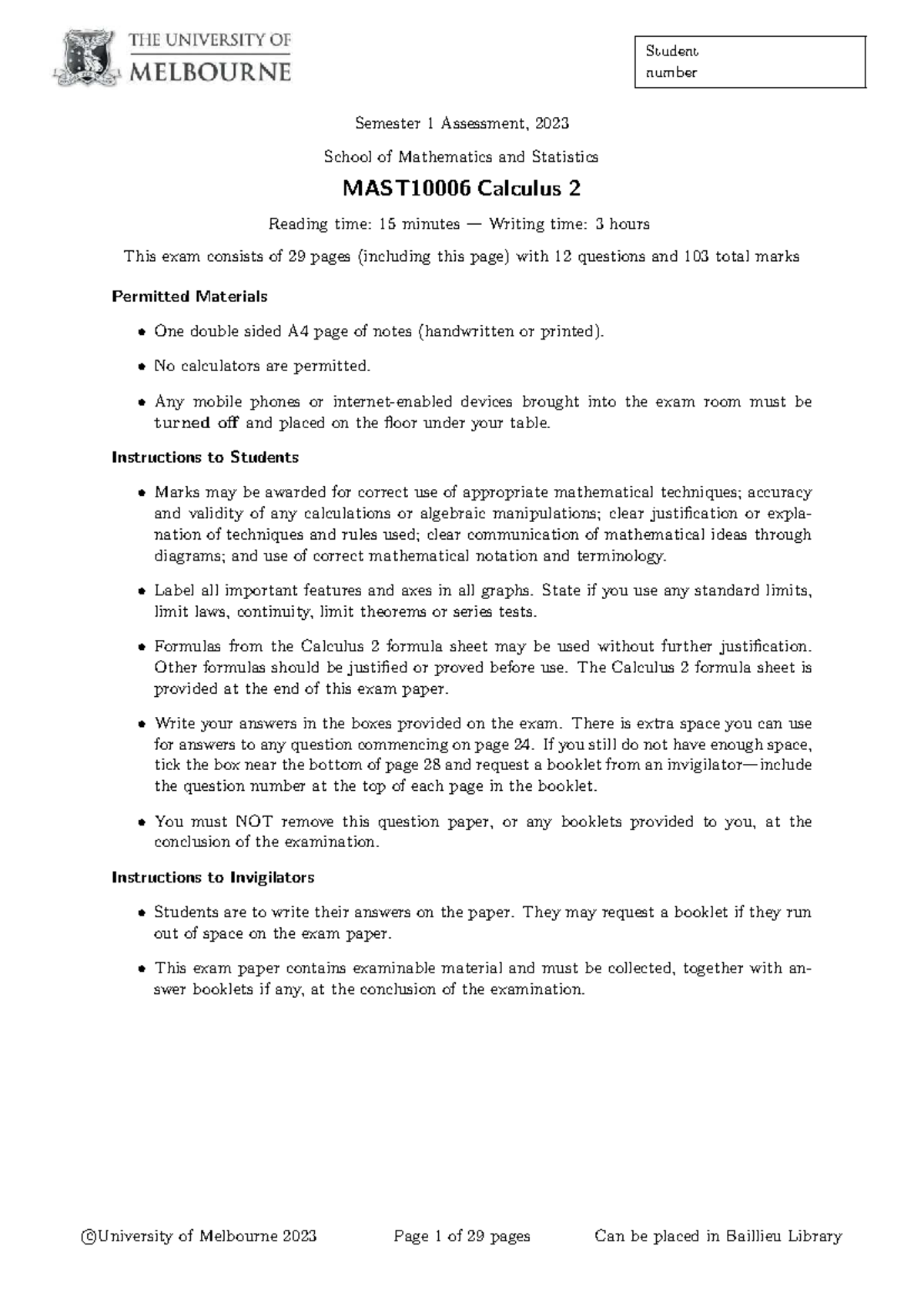 MAST10006 2023 Semester 1 Calculus 2 Exam Practice Test - Studocu
