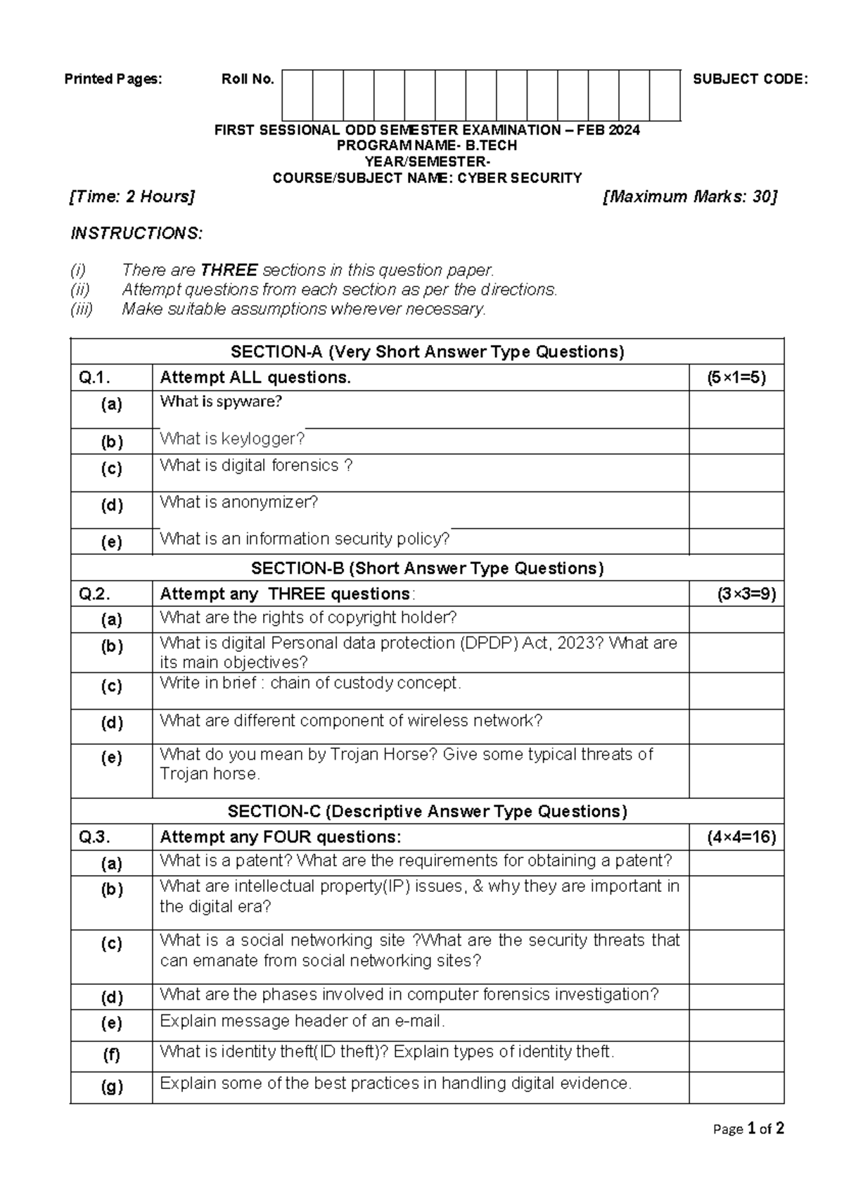 B.Tech Cyber Security First Sessional Exam QP - Feb 2024 - Studocu