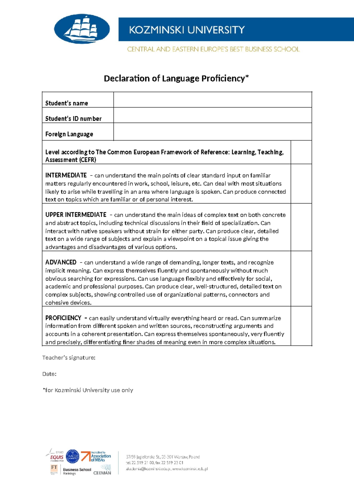 Declaration of English Proficiency Levels - CEFR Template - Studocu
