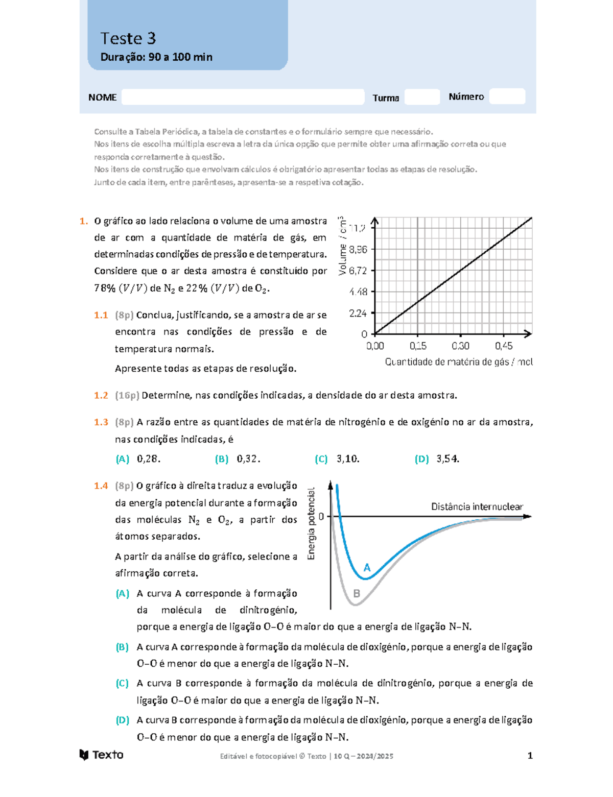 Teste 3 - 10Q - Aplicações da Tabela Periódica e Cálculos Químicos ...