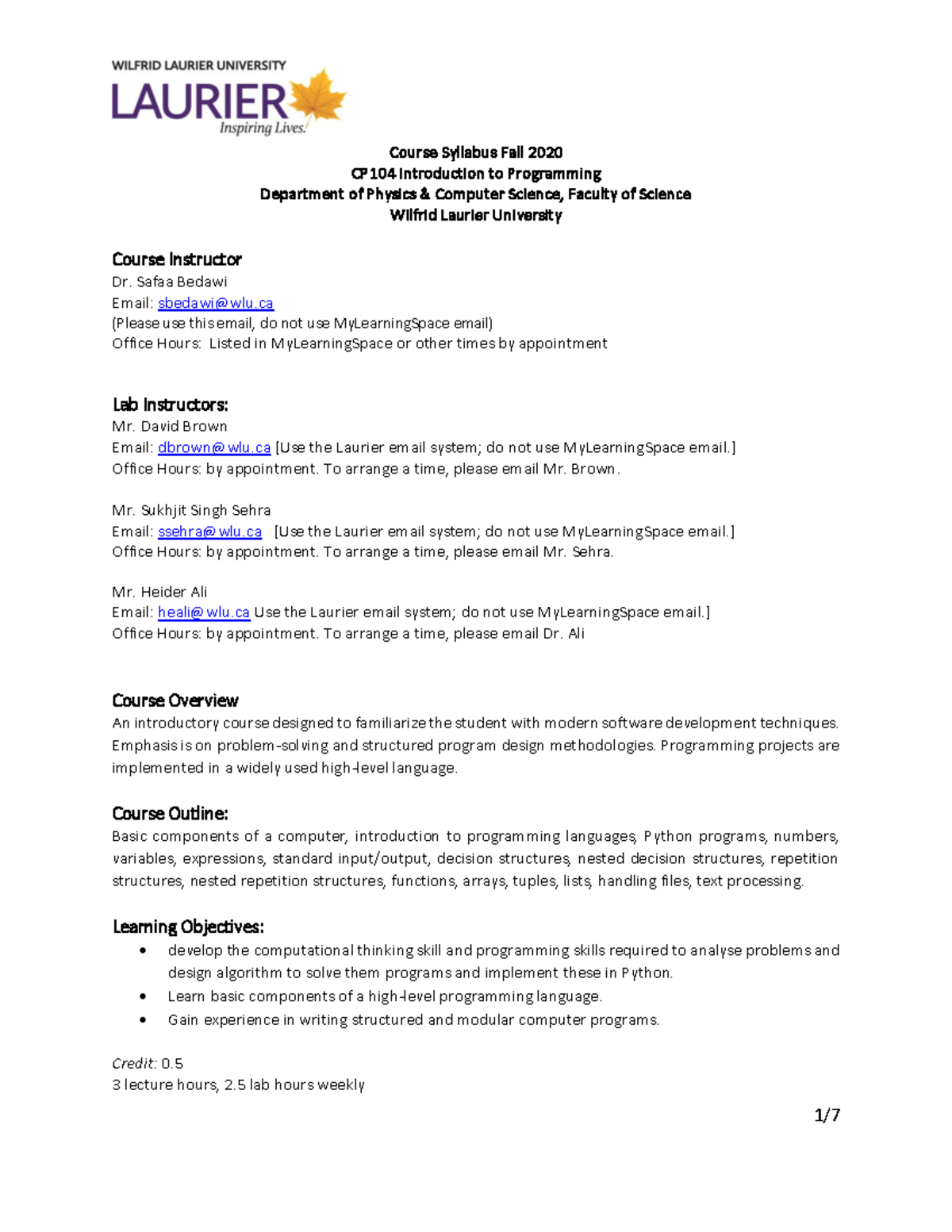 CP104 syllabus Fall20 updated - Course Syllabus Fall 2020 CP 104 ...