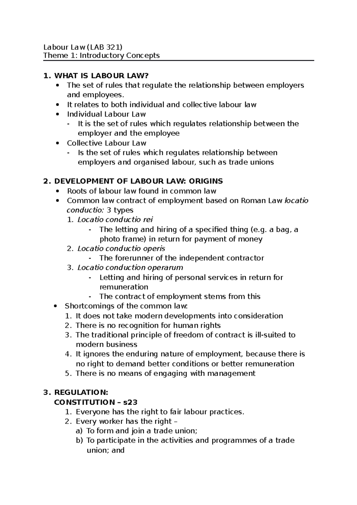 Labour Law Theme 1 - Lecture notes 1-2 - Labour Law (LAB 321) Theme 1 ...