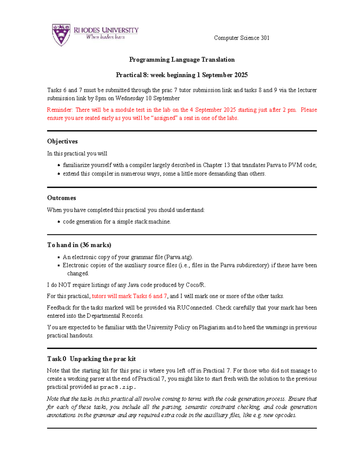 Computer Science 301: Programming Language Translation Prac 8 Tasks ...